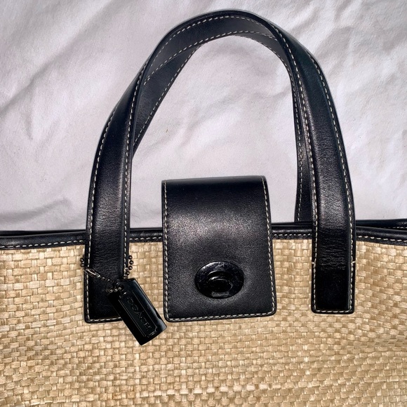Coach | Bags | Coach Black Leather And Tan Raffia Straw Bag | Poshmark